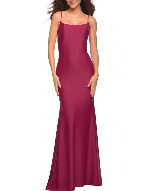 La Femme Luxe Jersey Gown With Train And V Back - Berry