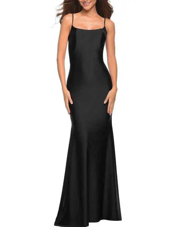 La Femme Luxe Jersey Gown With Train And V Back - Black