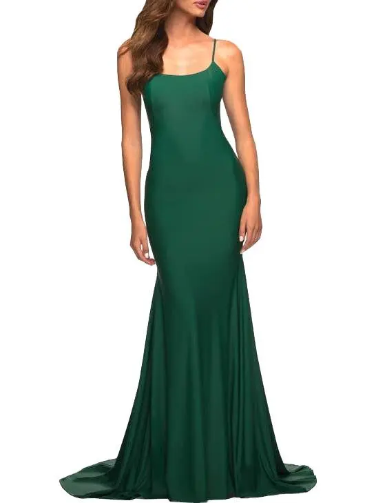 La Femme Luxe Jersey Gown With Train And V Back - Emerald