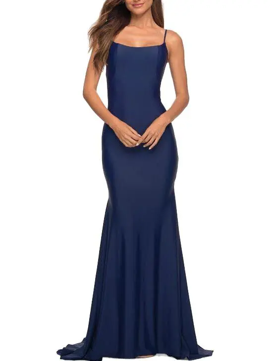 La Femme Luxe Jersey Gown With Train And V Back - Navy