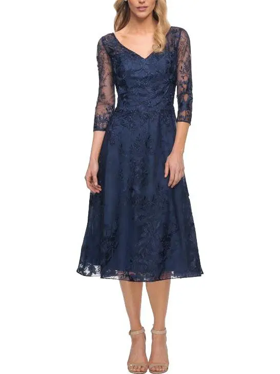 LABOMME Lace Tea Length Dress With Sleeves - Navy