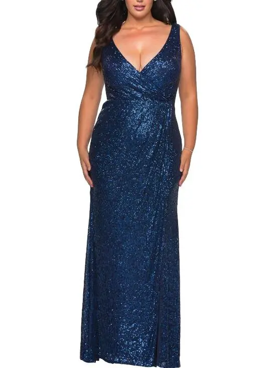 La Femme Sequin Gown With V-neck And Slit - Navy