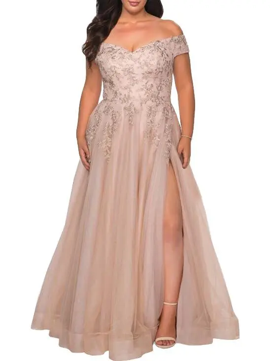 LABOMME Off-the-shoulder Tulle Gown With Lace - Champagne
