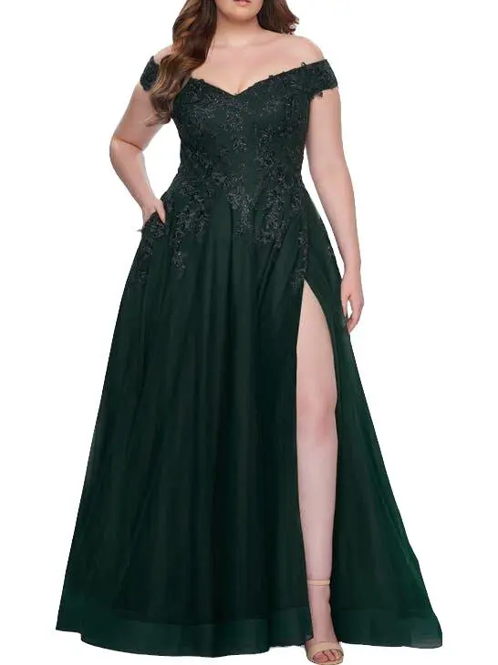 LABOMME Off-the-shoulder Tulle Gown With Lace - Dark Emerald