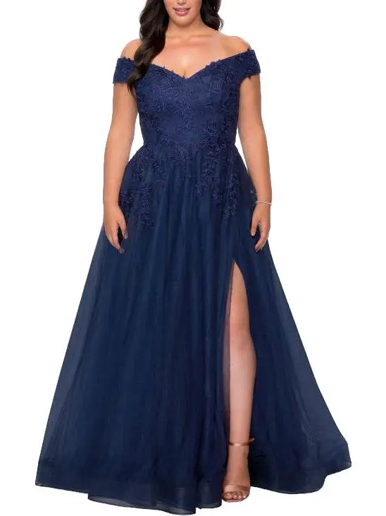 LABOMME Off-the-shoulder Tulle Gown With Lace - Navy