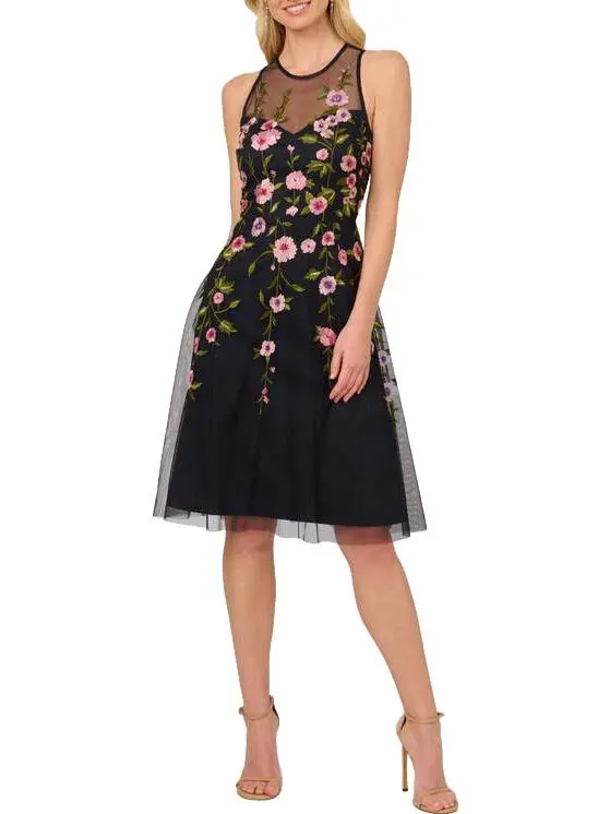 Adrianna Papell Floral Embroidered High-low Midi Dress - Midnight Multi