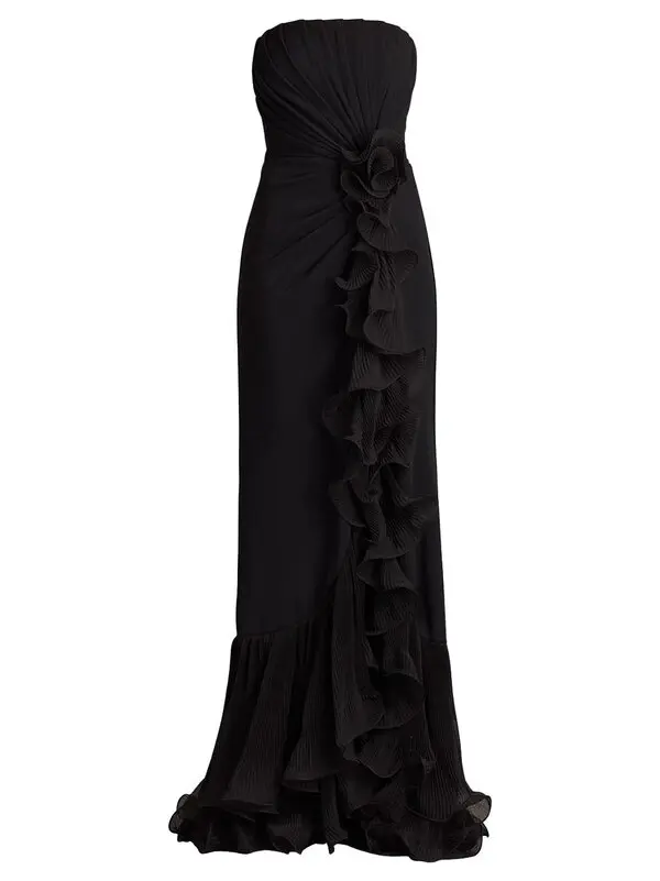 Tadashi Shoji Pleated Strapless Ruffle Gown - Black