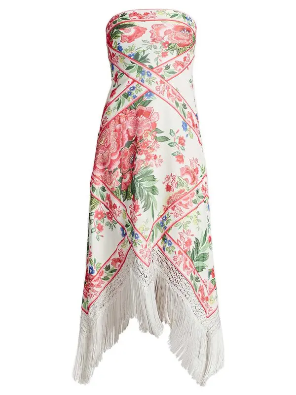 Tadashi Shoji Strapless Floral-print Fringe Midi Dress - Whitefuchsia Floral