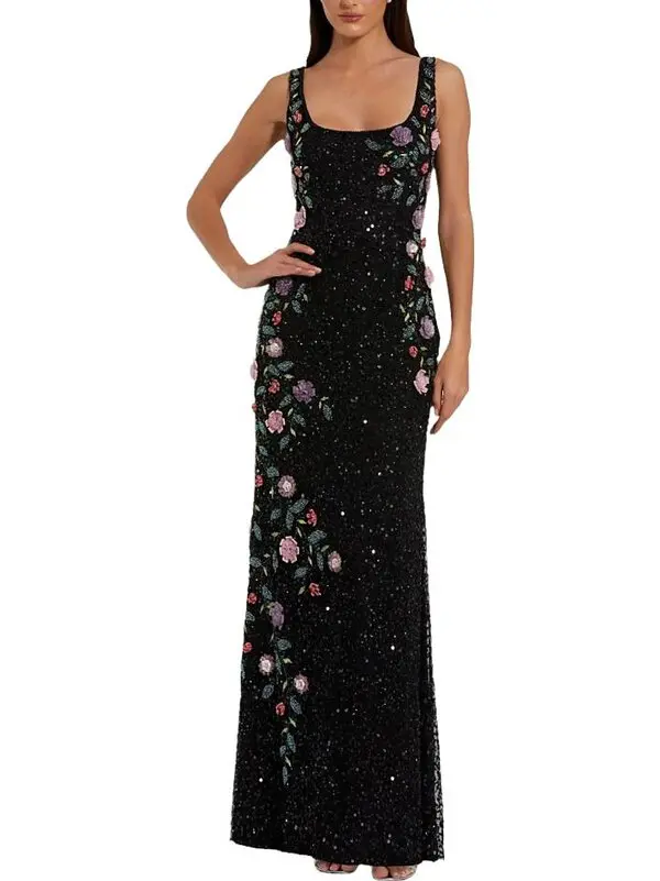 Mac Duggal Floral Beaded Mesh Scoop Neck Gown - Black Multi