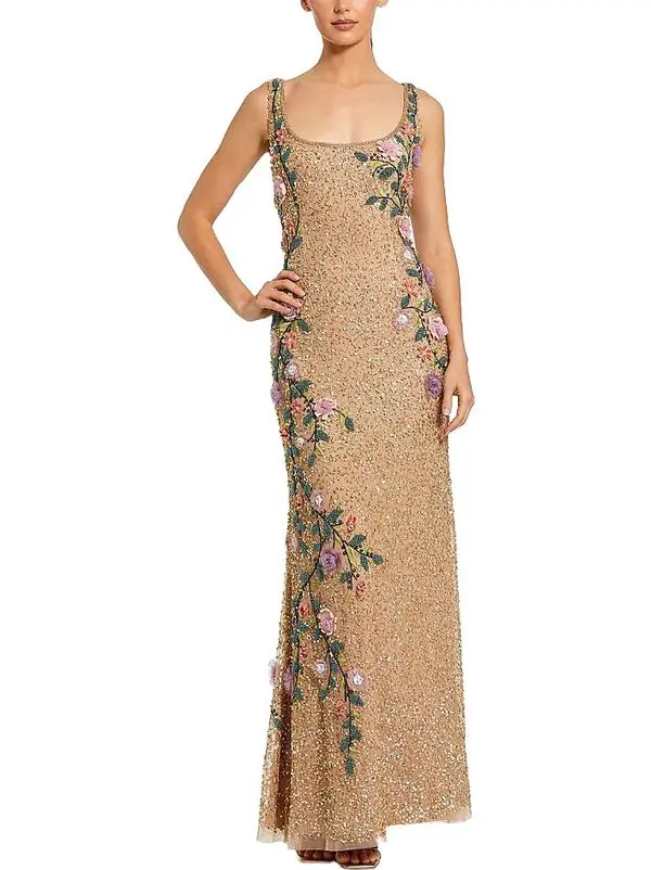 Mac Duggal Floral Beaded Mesh Scoop Neck Gown - Gold Multi