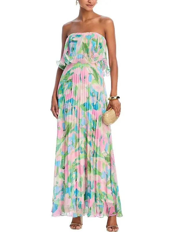 Aqua Printed Pleated Strapless Dress - Multi