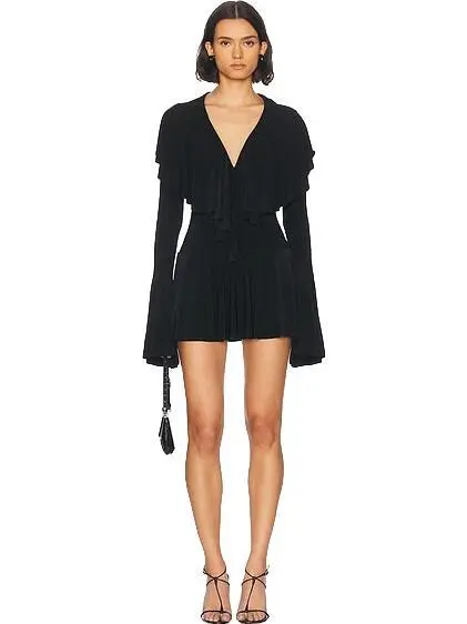 Norma Kamali Long Sleeve Deep V Ruffle Mini Dress - Black