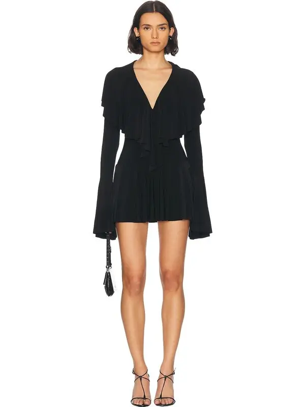 Norma Kamali Long Sleeve Deep V Ruffle Mini Dress - Black