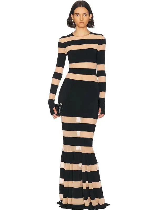 Norma Kamali Spliced Fishtail Gown - Black & Nude Mesh