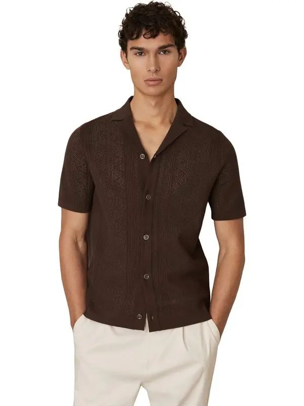 REISS Kipling Textured-knit Short-sleeve Shirt - Chocolate Brown