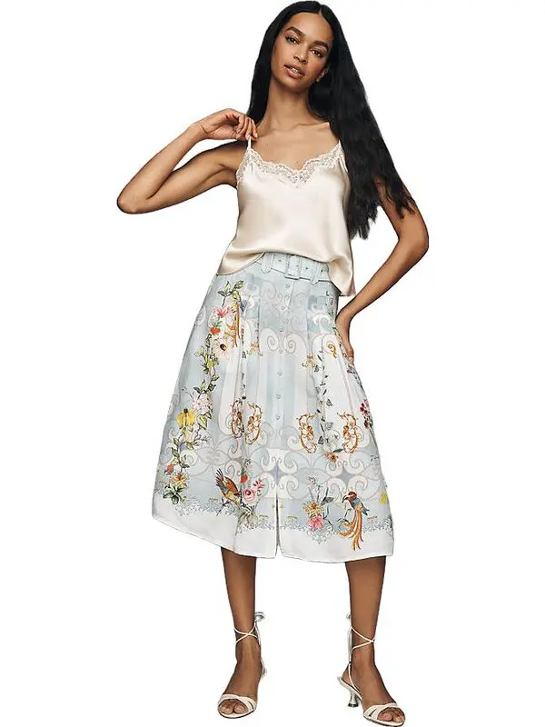 RANNA GILL Linen Blend Belted Seashell Midi Skirt - Whimsical Floral