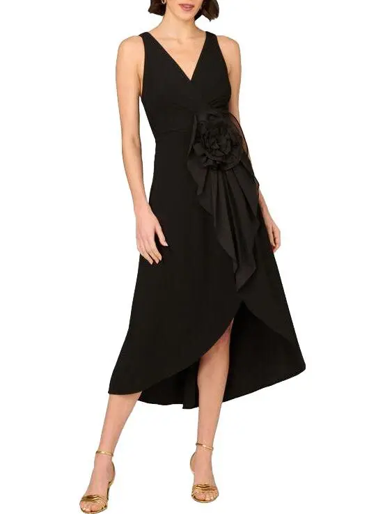 Adrianna Papell Floral Detail Crepe Cocktail Dress - Black