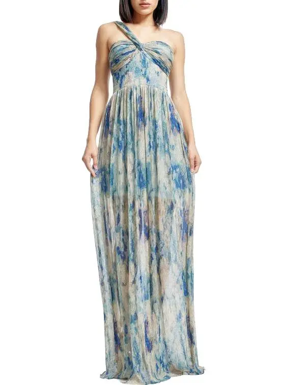 Dress The Population Idalia Metallic Floral One-shoulder Gown - Pale Blue Multi
