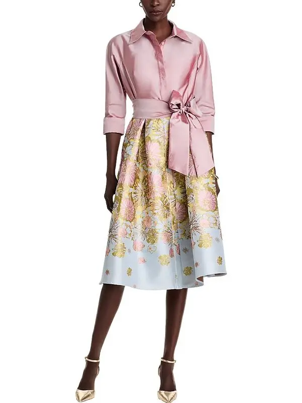 Rickie Freeman For Teri Jon Mixed Media Floral Jacquard Shirt Dress - Dusty Pink