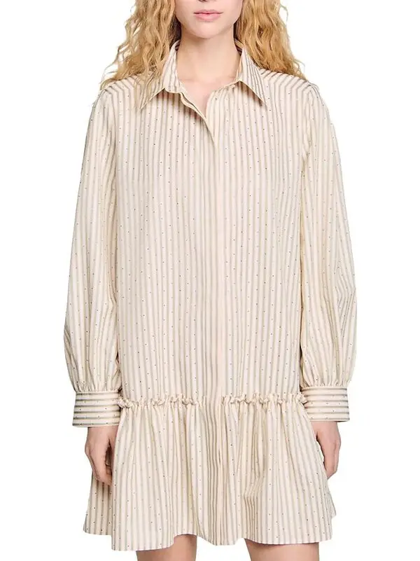 Sandro Rhinestone Striped Shirt Dress - Khaki/pink