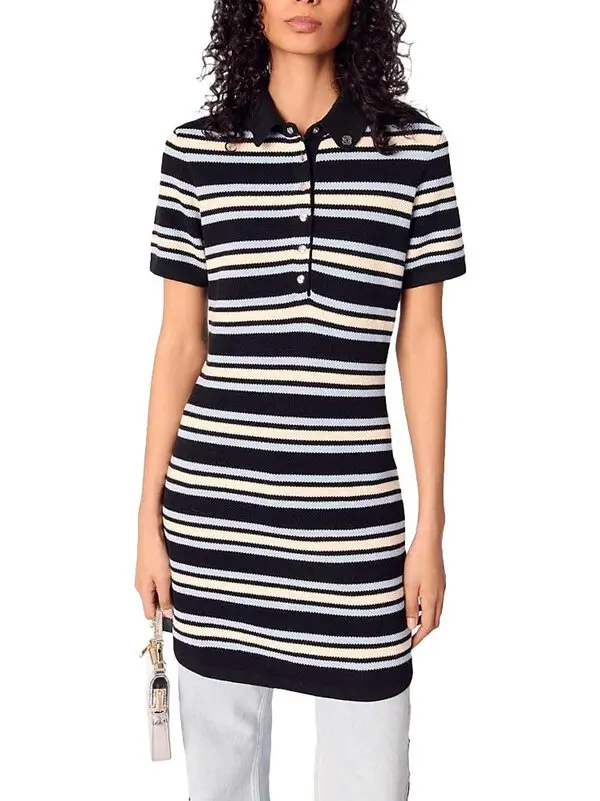 Maje Striped Knit Polo Shirt Dress - Navy Stripe