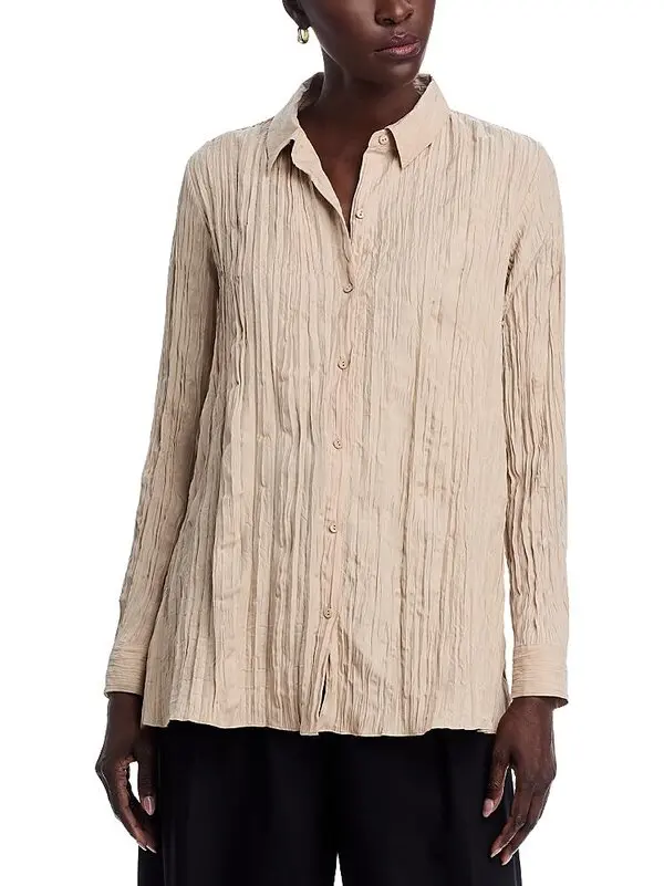 Eileen Fisher Classic Collar Crinkle Silk Shirt - Wheat