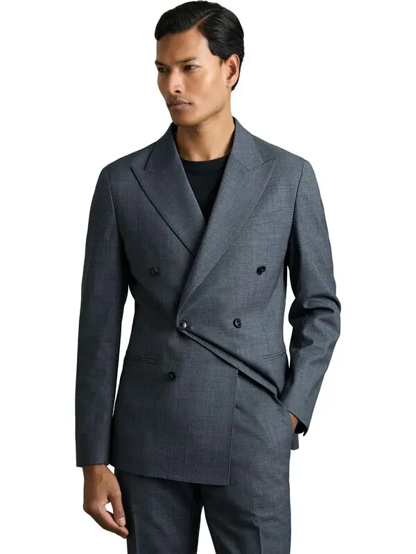 REISS Malibu Regular-fit Double-breasted Sharkskin Wool-blend Suit Blazer - Airforce Blue