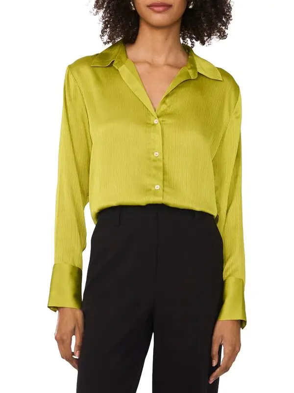 Vince Camuto Textured Satin Long Sleeve Shirt - Green Oasis