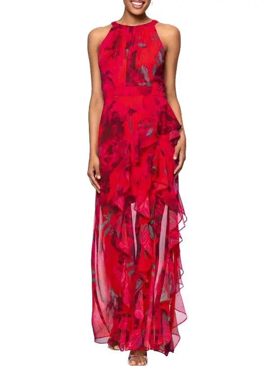 Betsy & Adam Rose And Metallic Stripe Gown - Red/ Multi