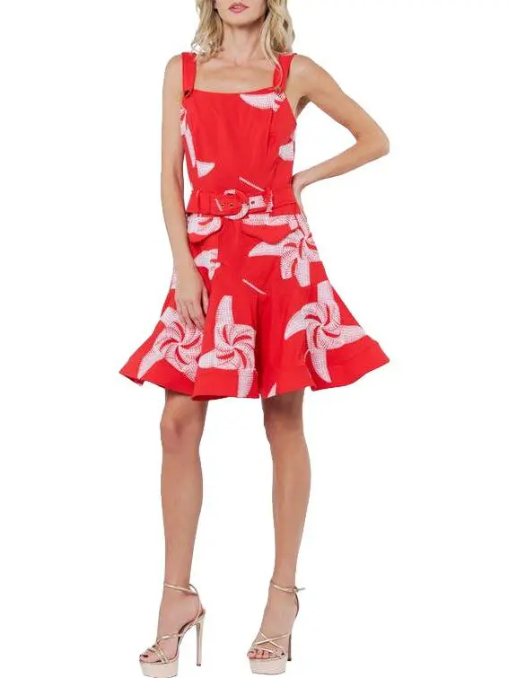 CIEBON Alivia Belted Fit & Flare Mini Dress - Red Multi