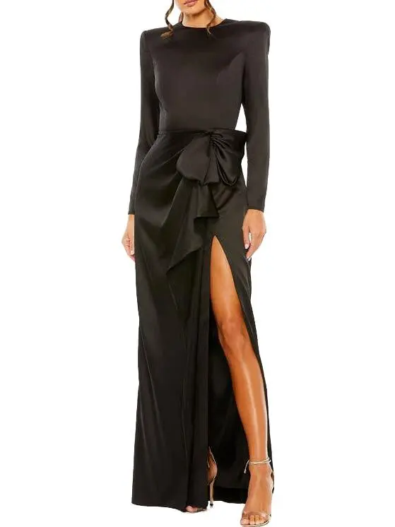 Mac Duggal Long Sleeve Satin Draped Column Gown With Bow - Black