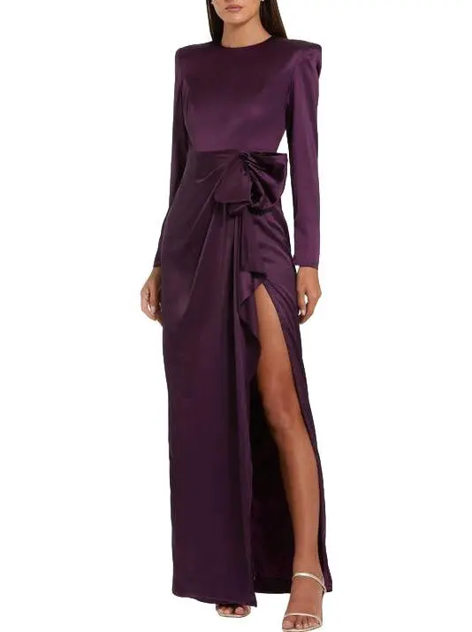 Mac Duggal Long Sleeve Satin Column Gown With Bow - Eggplant
