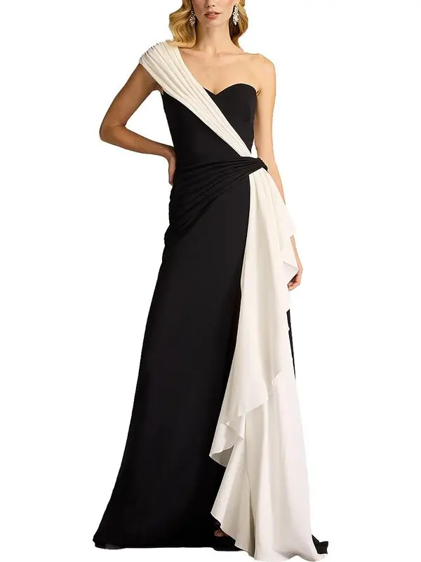 Tadashi Shoji Lune Waterfall Sash Gown - Black/ivory