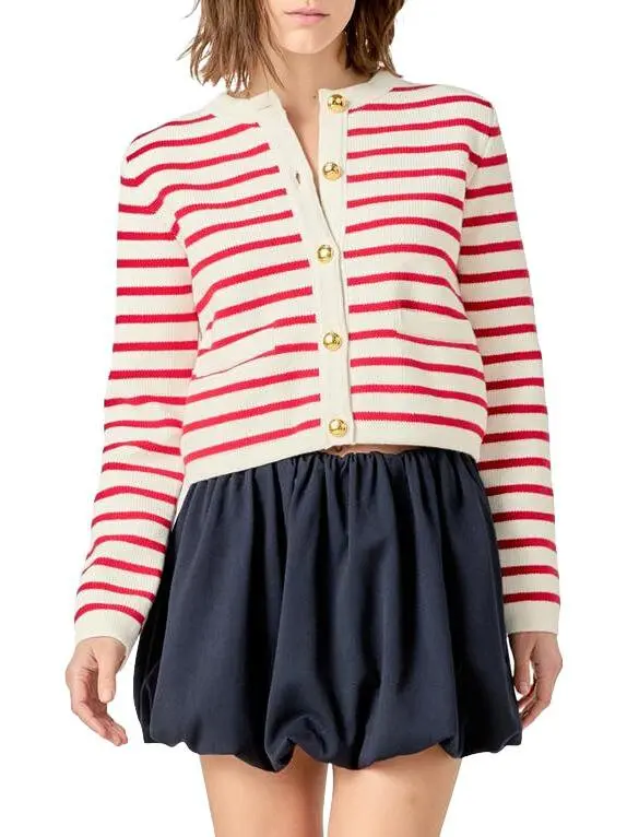 English Factory Stripe Cotton Cardigan - Off White/ Red