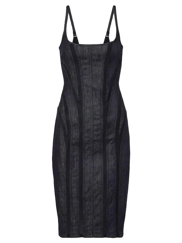 MUGLER Mesh-trimmed Denim Midi Dress - Blue