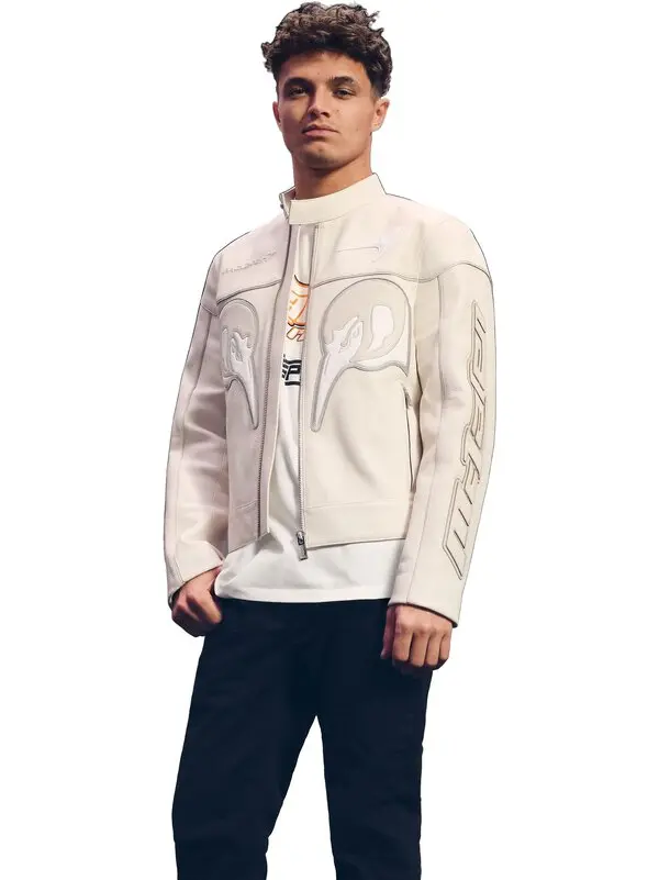 REISS X Mclaren F1 Team Champion Leather Biker Jacket - Off White