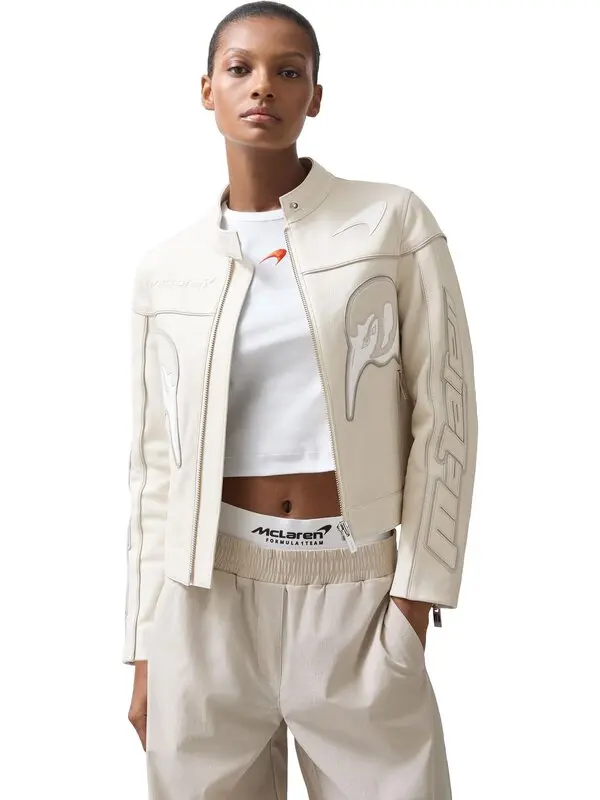 REISS F1 Team Champion Leather Biker Jacket - Off White