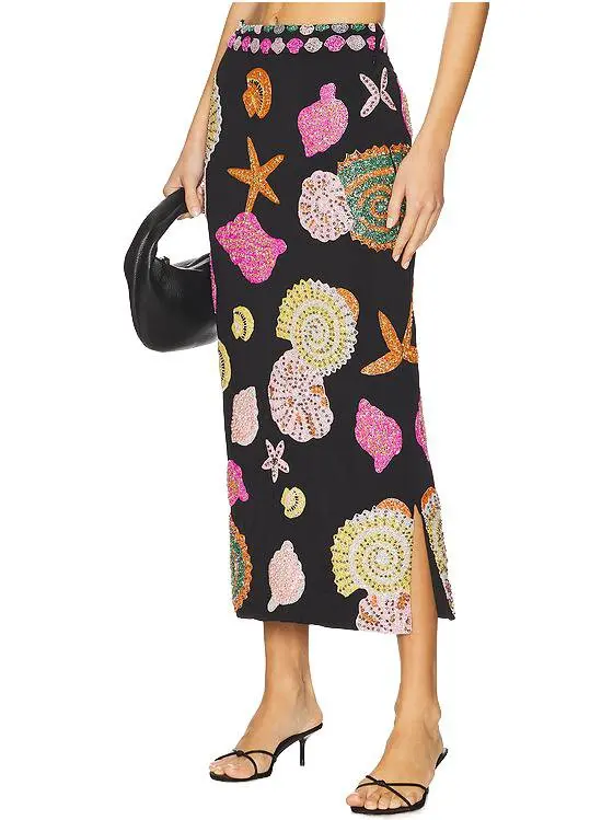 OCEANUS Hand Embellished Midi Skirt - Black