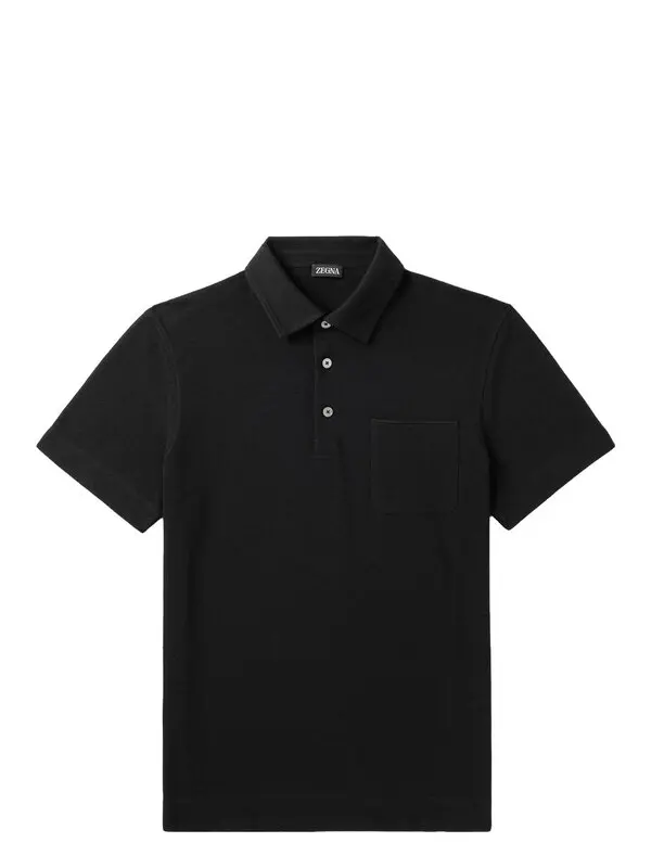 Zegna Slim-fit Leather-trimmed Cotton-piqué Polo Shirt - Black