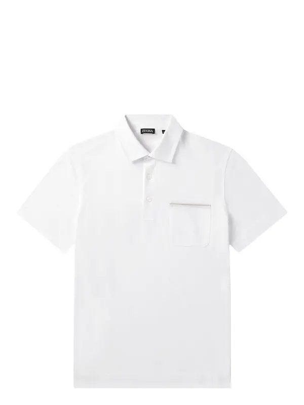 Zegna Leather-trimmed Cotton-piqué Polo Shirt - White