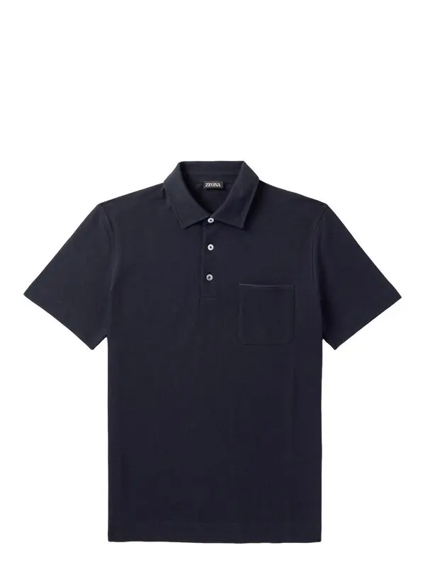 Zegna Slim-fit Leather-trimmed Cotton-piqué Polo Shirt - Blue