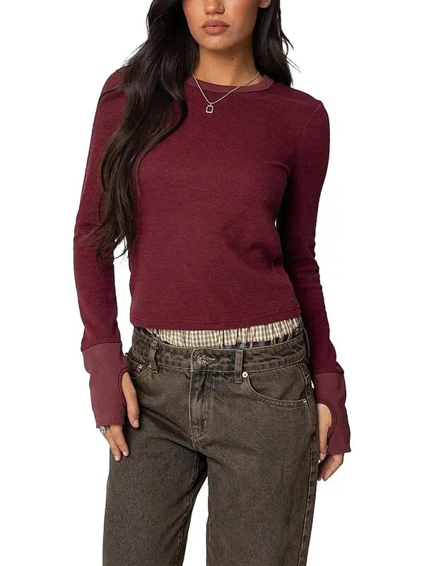 EDIKTED Waffle Long Sleeve T-shirt - Burgundy