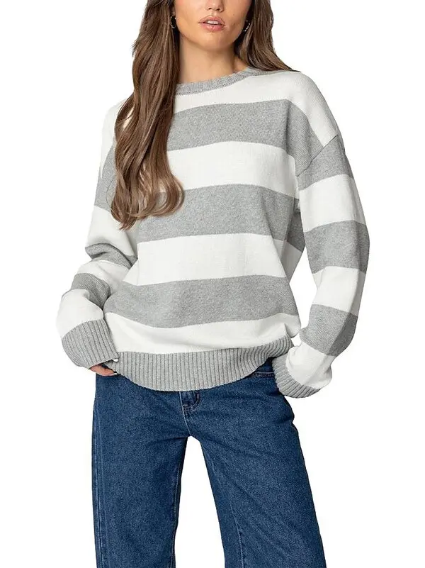 EDIKTED Oversized Striped Sweater - Gray Melange