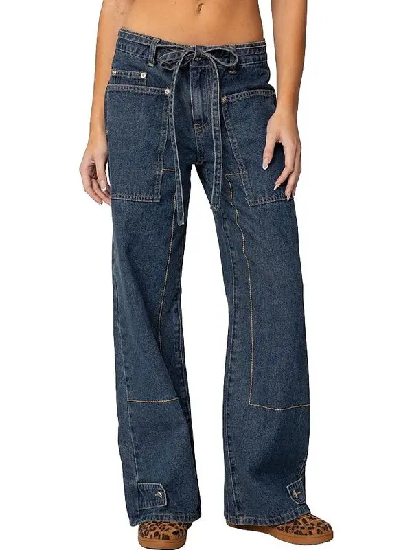 EDIKTED Funky Stitch Low Rise Jeans - Dark Blue Washed