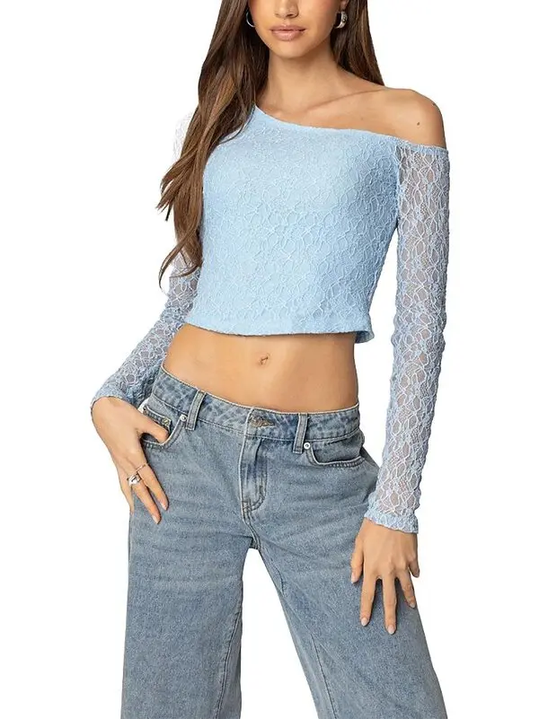 EDIKTED Fabia Asymmetric Textured Lace Top - Light Blue
