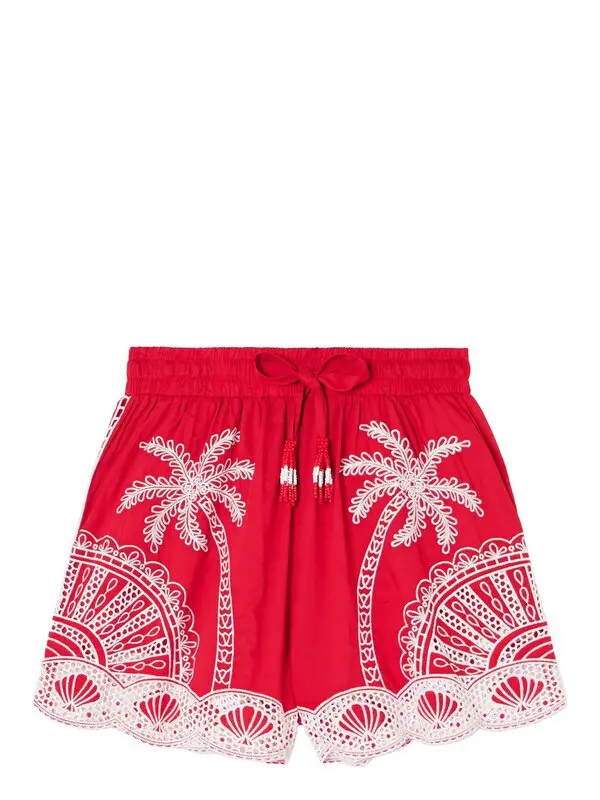 Farm Rio Scalloped Broderie Anglaise Cotton Shorts - Red