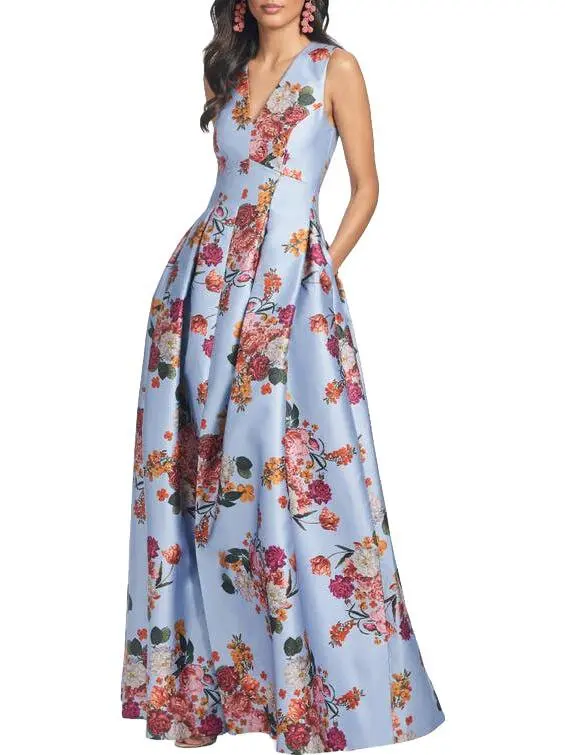 Sachin & Babi Brooke Floral Mikado Gown - Glacial Blue Bright Bouquet