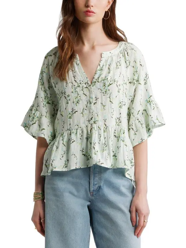 Treasure & Bond Ruffle Peplum Top - Ivory- Blue Lilibet Floral