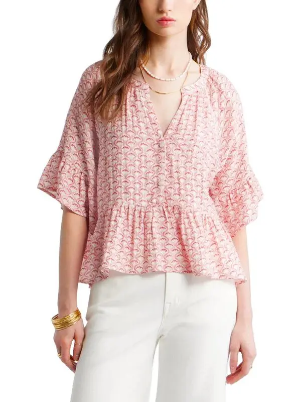 Treasure & Bond Ruffle Peplum Top - Pink- Pink Daisy Chain