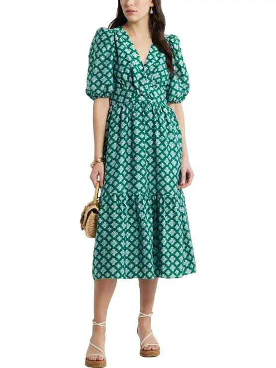 Caslon Twist Detail Allover Print Midi Dress - Green- Blue Millie Tile
